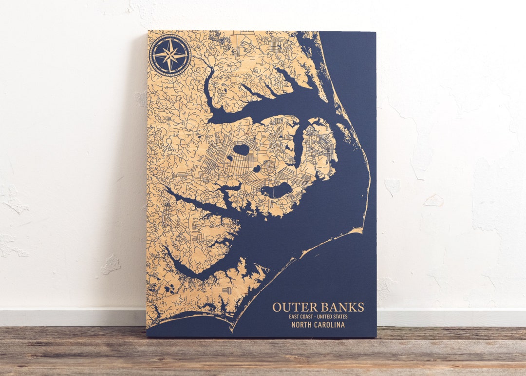 Outer Banks, North Carolina Map | Engraved Wood Coastal Chart Wall Art ...
