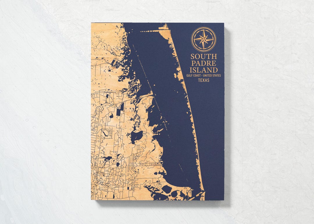 South Padre Island, Texas Map | Engraved Wood Coastal Chart Wall Art ...