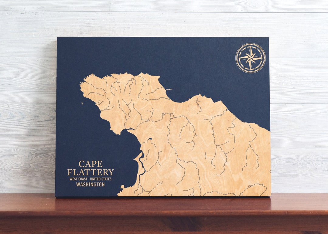 Cape Flattery, Washington Map Engraved Wood Coastal Chart Wall Art Sign ...