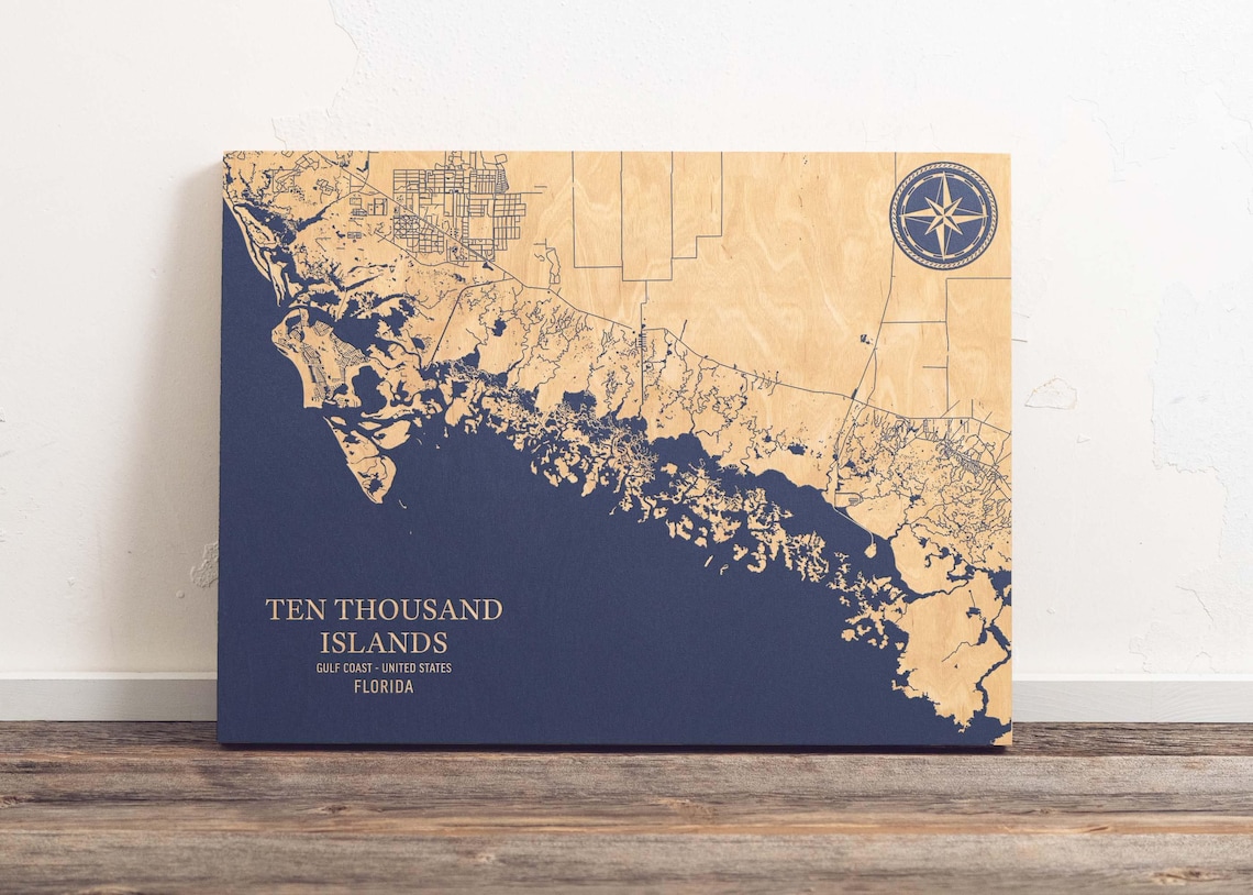 Ten Thousand Islands, Florida Map | Engraved Wood Coastal Wall Art Sign ...