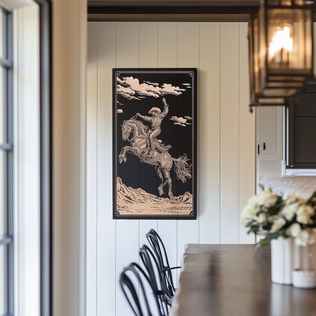 Rodeo Cowboy Engraved Birch Wood Panel | Block Print Inspired Western ...