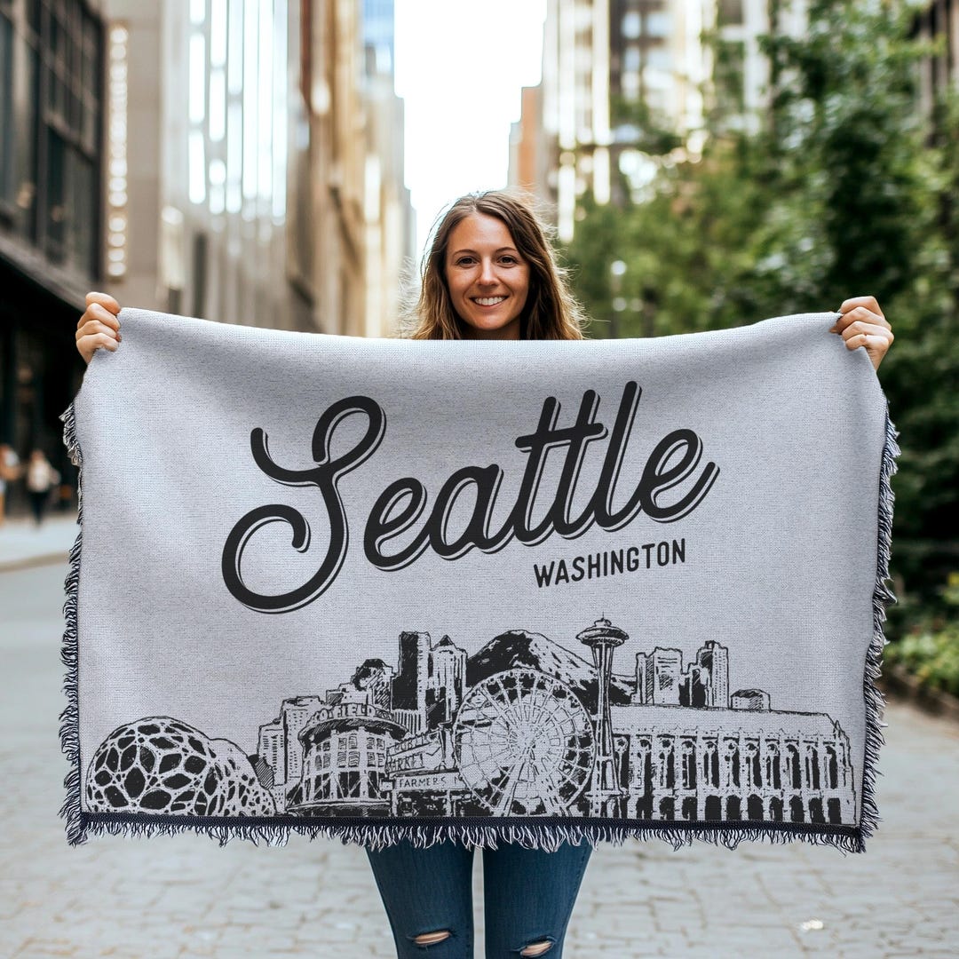Seattle Washington City Blanket | Woven Throw Blanket Gift, Black ...