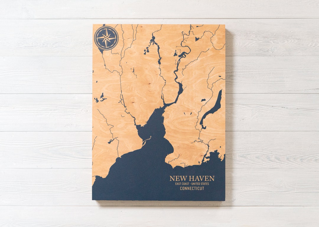 New Haven, Connecticut Map Engraved Wood Coastal Wall Art Sign, Beach ...