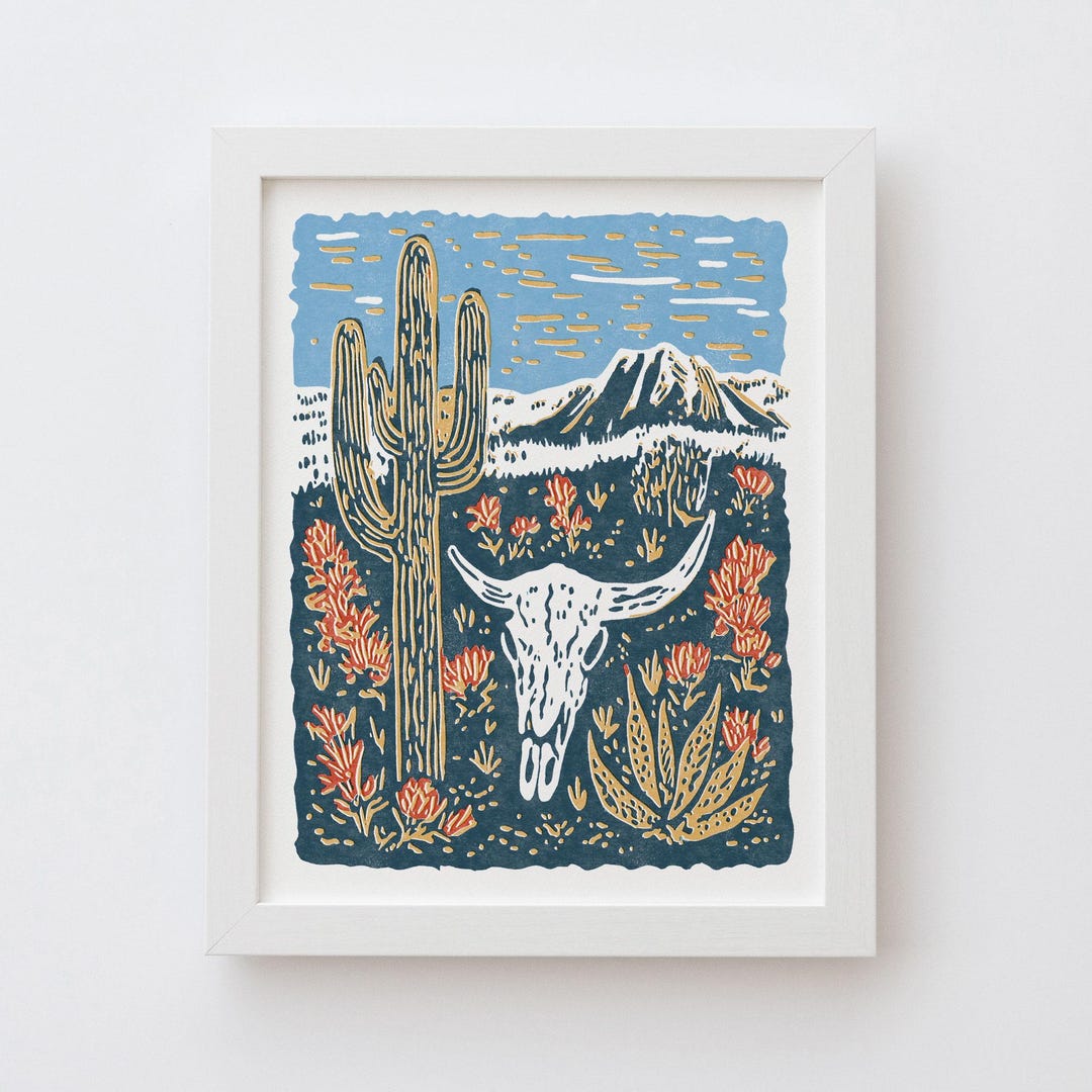 Saguaro Desert Art Print - Vintage Inspired Linocut Block Print Style ...