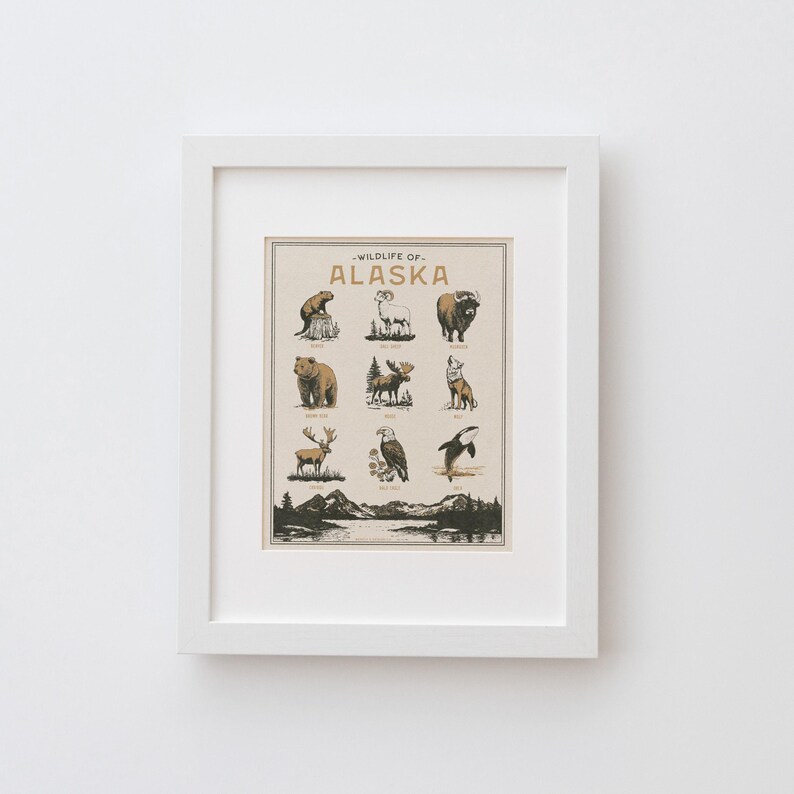 Alaska Wildlife Wall Art Print - Vintage Animal Poster Design, Archival ...