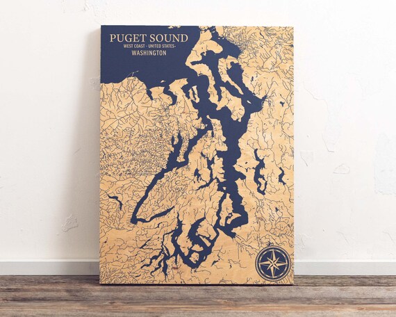 Puget Sound Washington Map Engraved Wood Coastal Chart Wall - Etsy