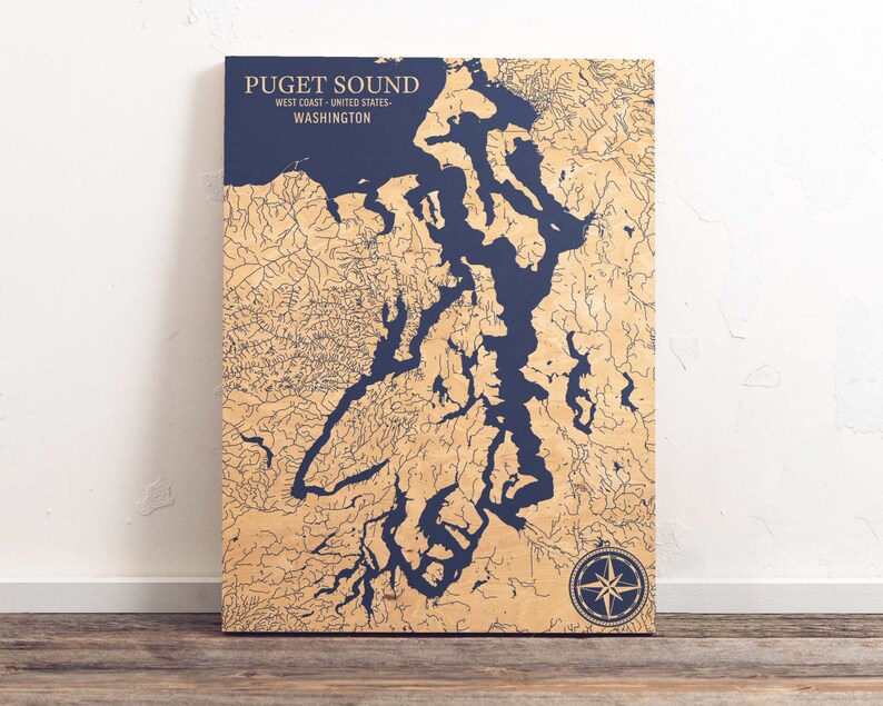 Puget Sound Washington Map Engraved Wood Coastal Chart Wall - Etsy