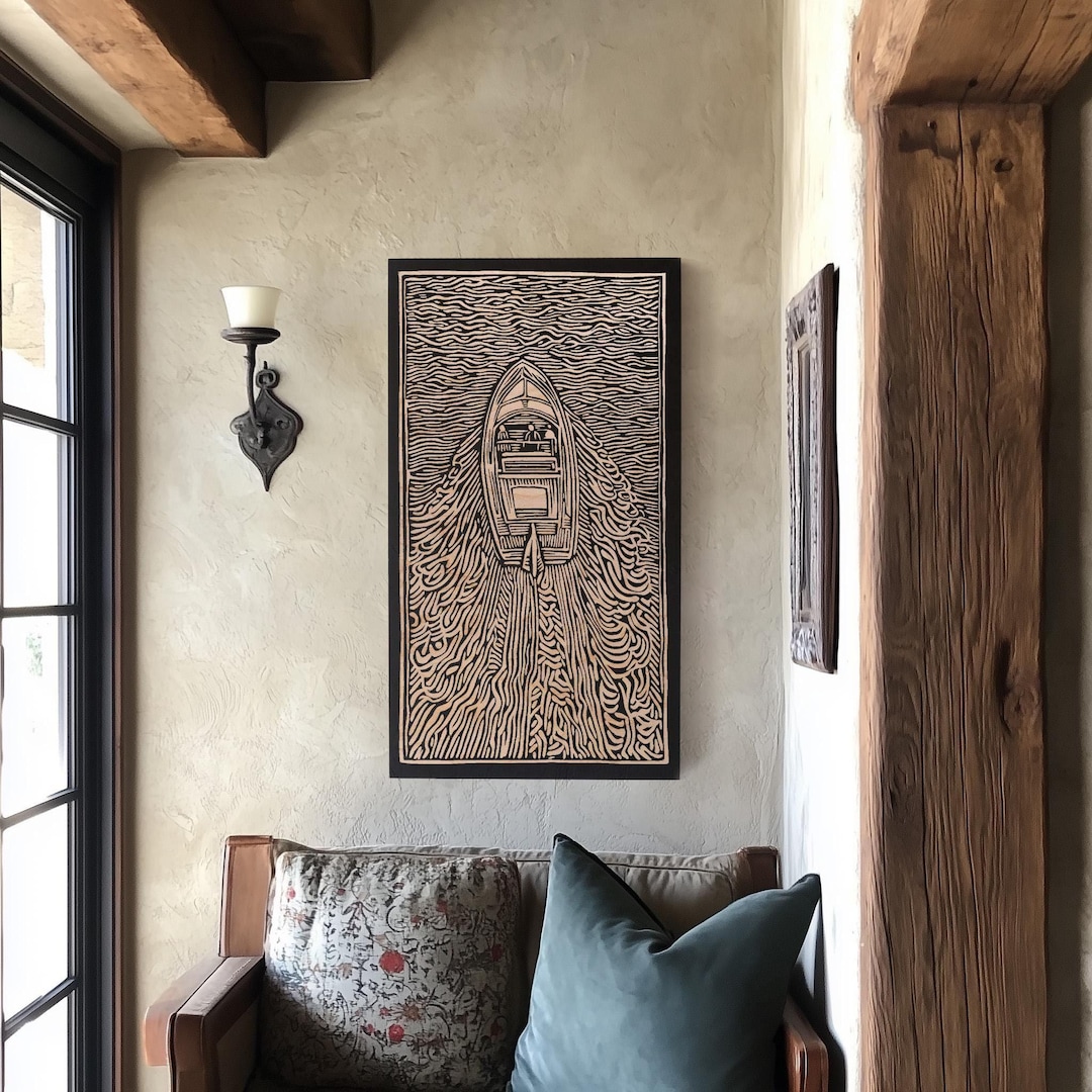 Speed Boat Engraved Birch Wood Panel | Block Print Inspired Marine Wall ...