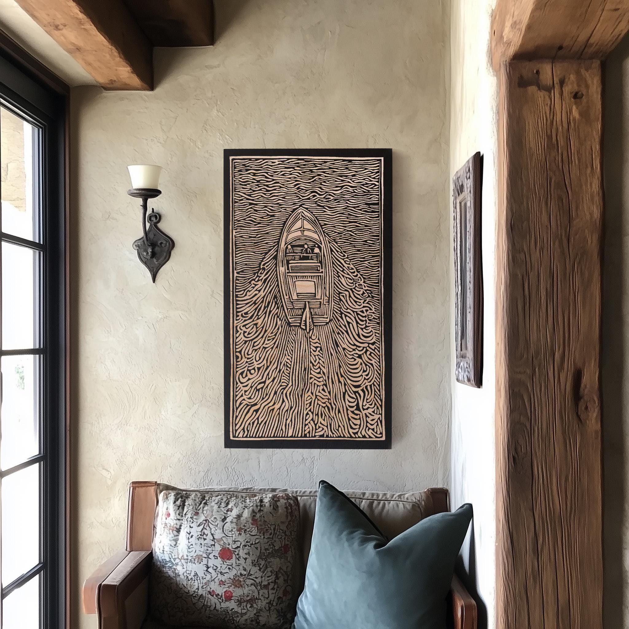 Speed Boat Engraved Birch Wood Panel | Block Print Inspired Marine Wall ...