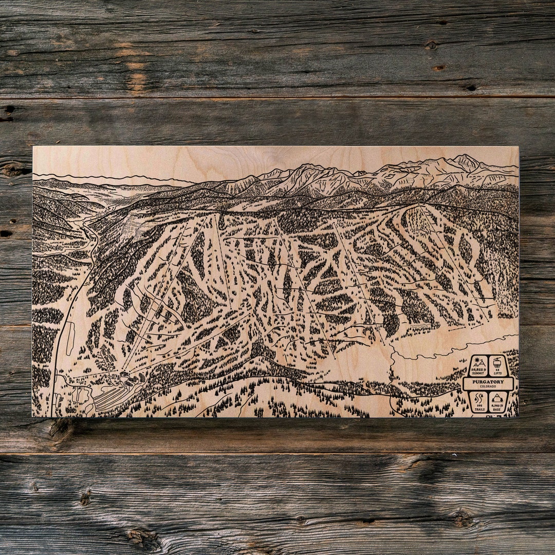 Purgatory, Colorado Ski Trail Map | Engraved Wood Wall Art, Winter ...