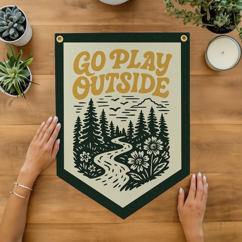 Go Play Outside Felt Camp Flag | Outdoor Kids Room Decor, Rustic Cabin ...