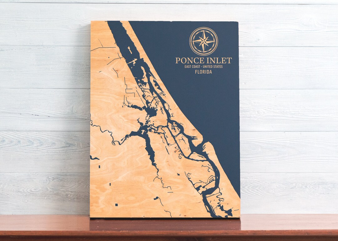 Ponce Inlet, Florida Map Engraved Wood Coastal Wall Art Sign, Beach ...