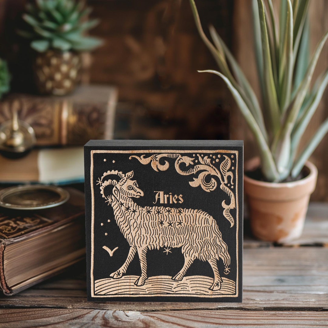 Aries Zodiac Engraved Birch Wood Panel Block Print Style Wall Art ...