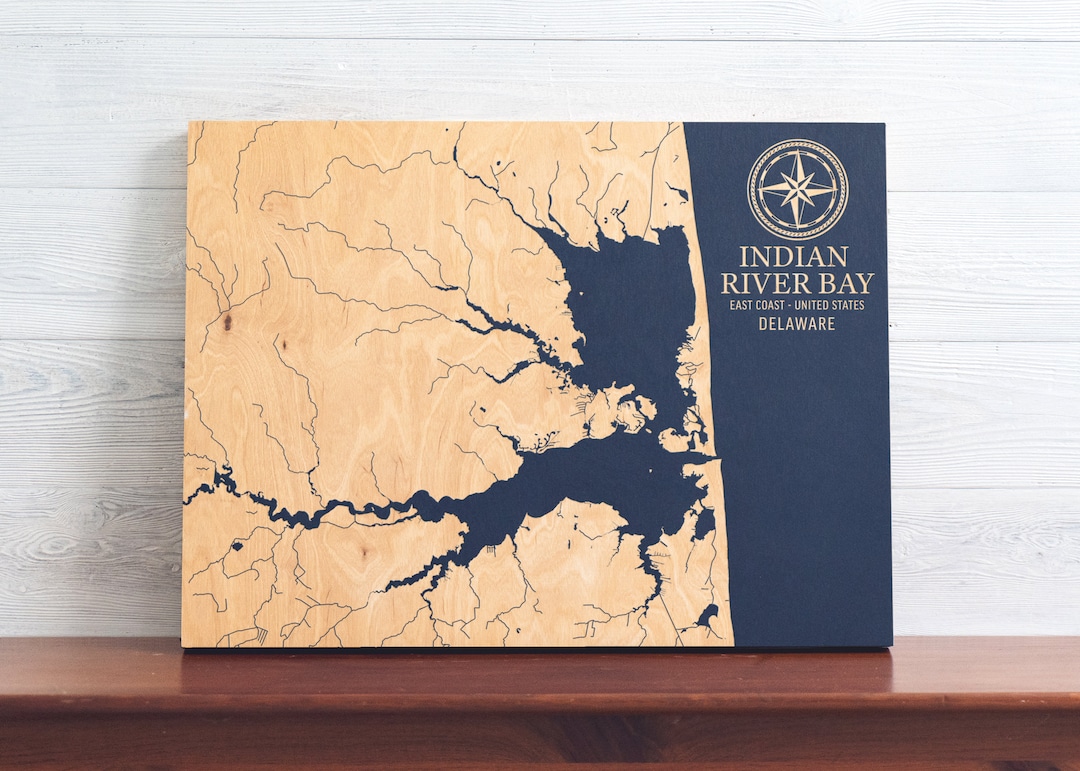 Indian River Bay, Delaware Map | Engraved Wood Coastal Wall Art Sign ...