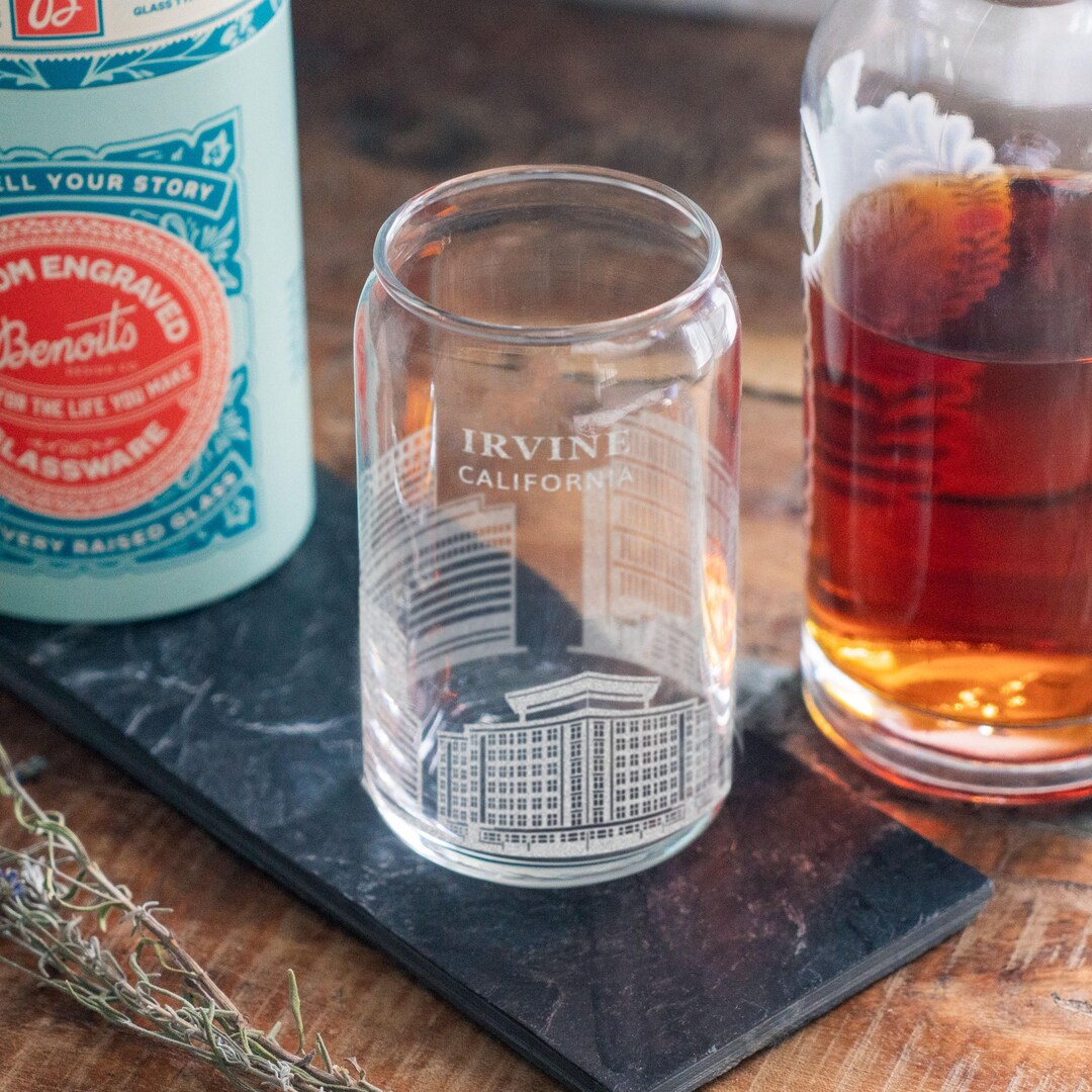 Irvine, California City Skyline Beer Can Engraved Glass Hometown Pride ...