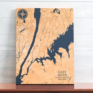 East River, New York Map | Engraved Wood Coastal Chart Wall Art Sign ...