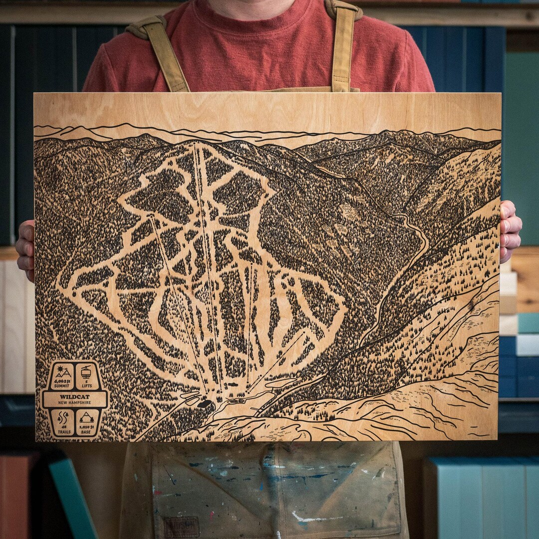 Wildcat, New Hampshire Ski Trail Map | Engraved Wood Wall Art, Winter ...