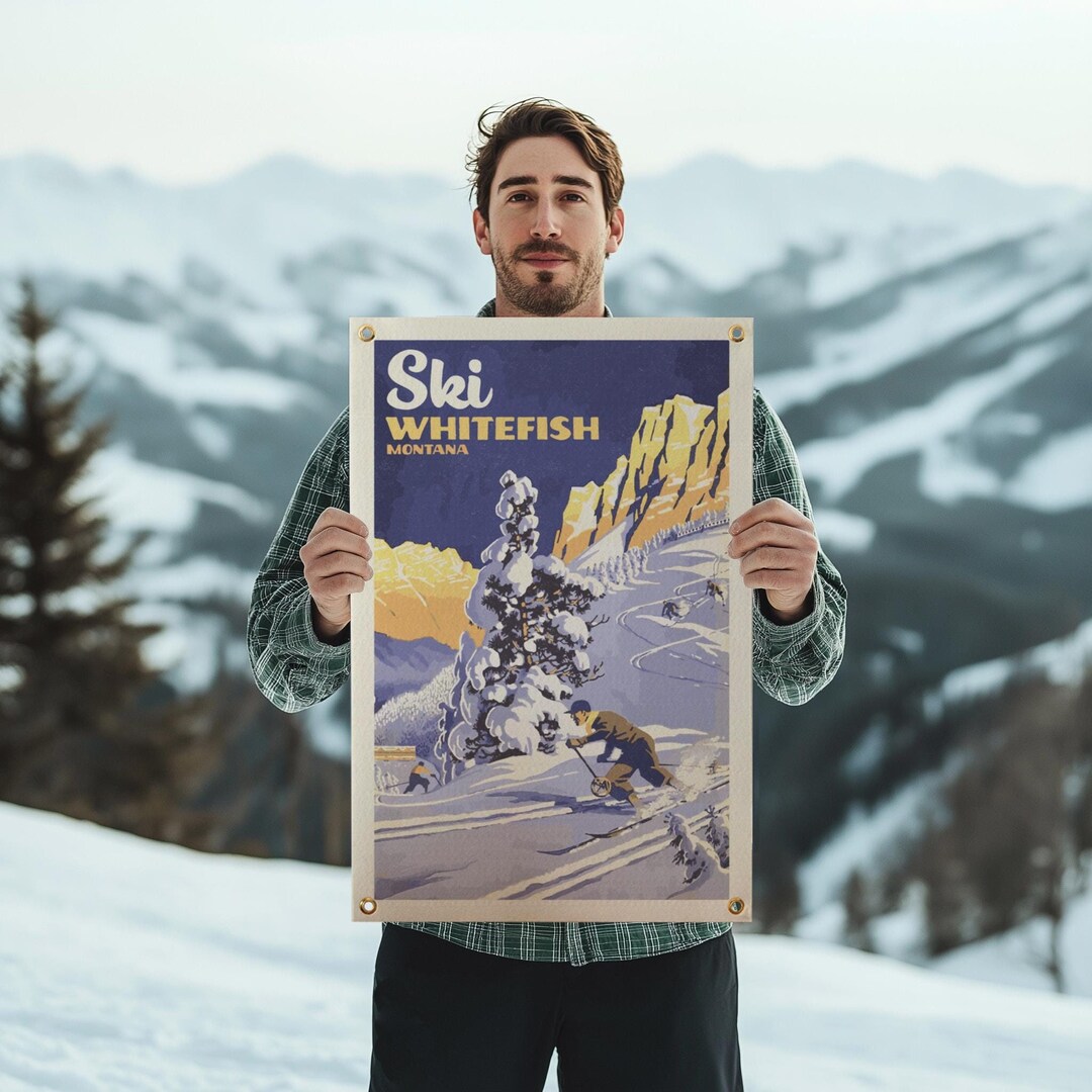 Ski Whitefish Montana Felt Poster Banner | Vintage Ski Mountain Wall ...