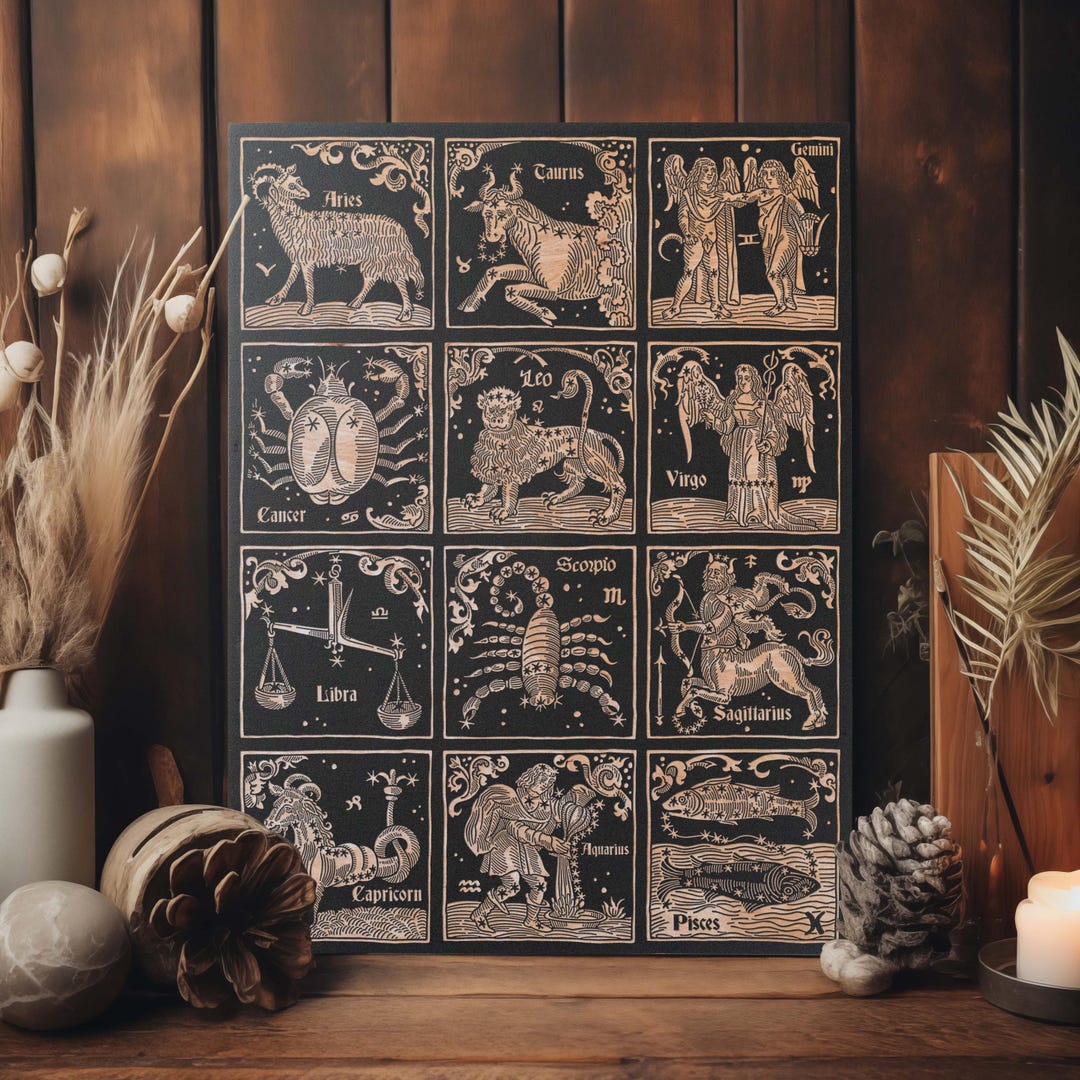Zodiac Engraved Birch Wood Panel Block Print Style Wall Art, Astrology ...