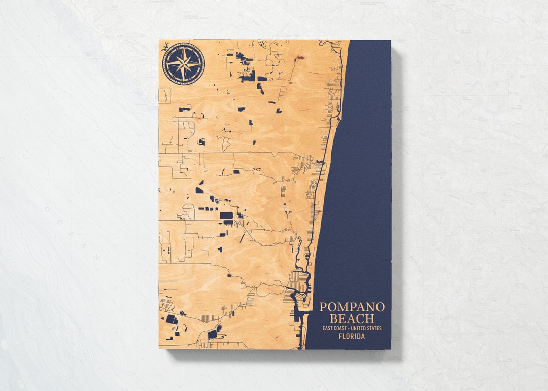 Pompano Beach, Florida Map | Engraved Wood Coastal Wall Art Sign, Beach ...