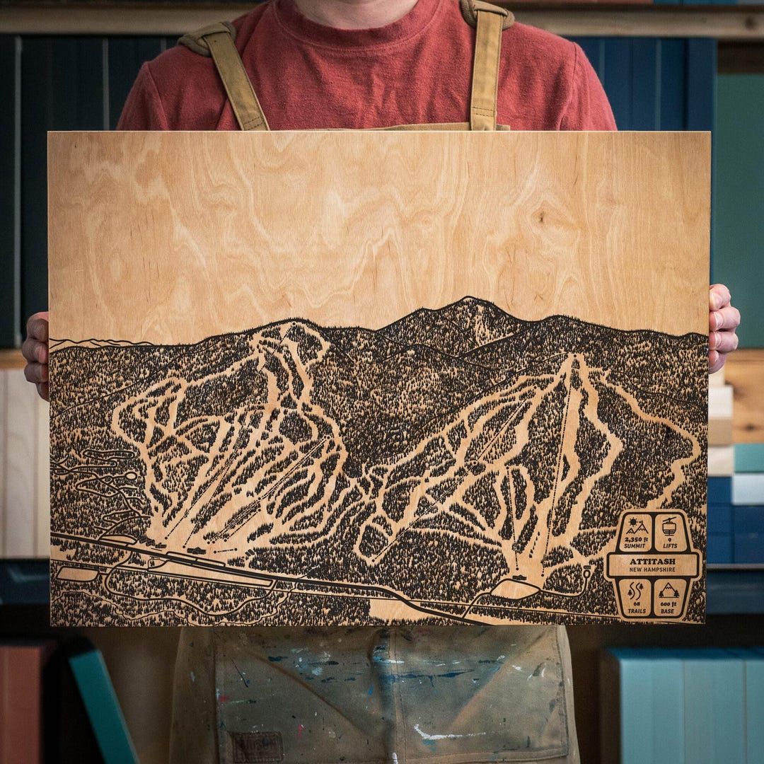 Attitash New Hampshire Ski Trail Map | Engraved Wood Wall Art, Winter ...