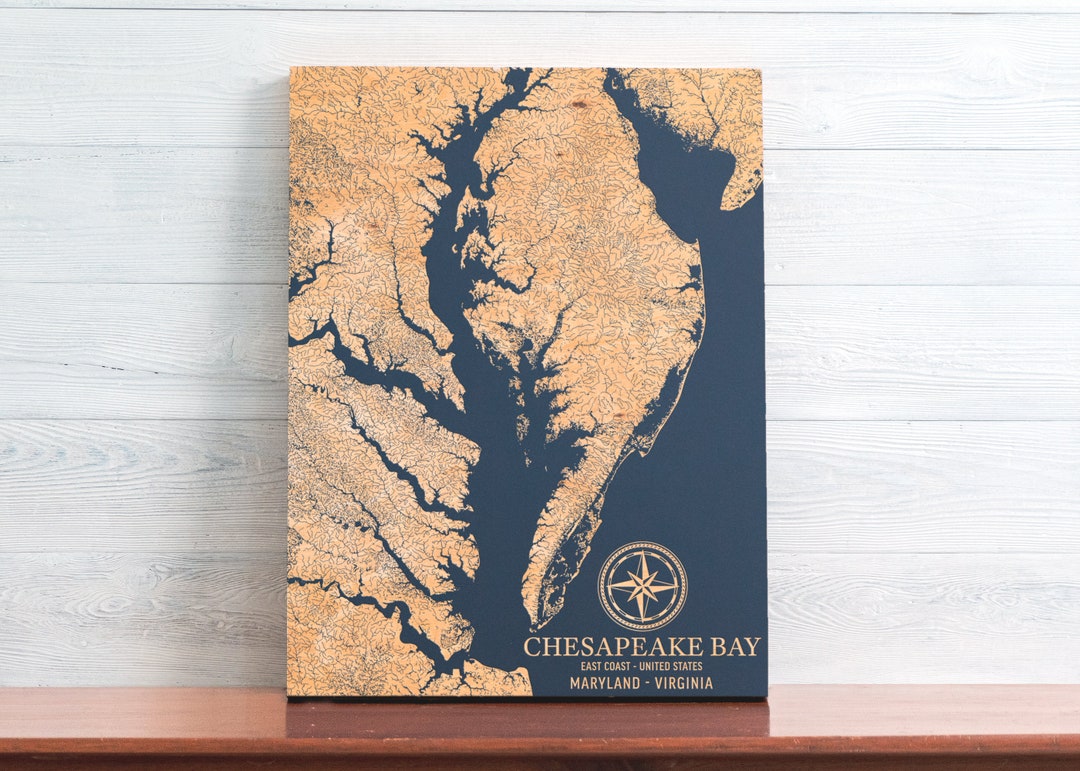 Chesapeake Bay, Maryland Virginia Map | Engraved Wood Coastal Chart ...