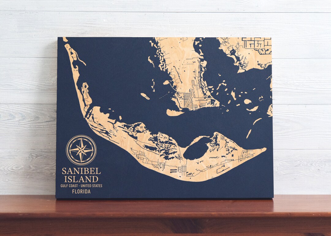 Sanibel Island, Florida Map | Engraved Wood Coastal Art Sign, Beach ...