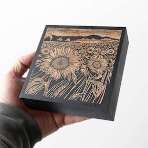 Kansas Sunflower Fields Engraved Wood Wall Art Panel | Linocut Block ...