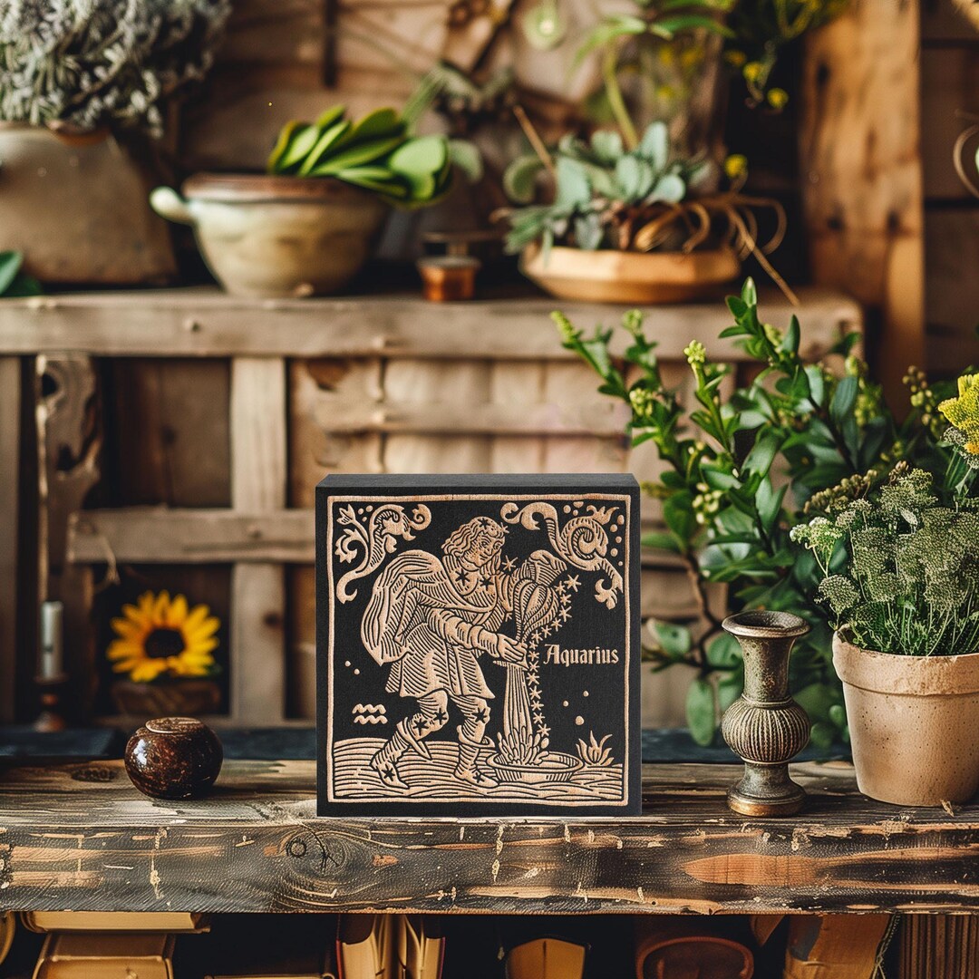 Aquarius Zodiac Engraved Birch Wood Panel | Block Print Style Wall Art ...