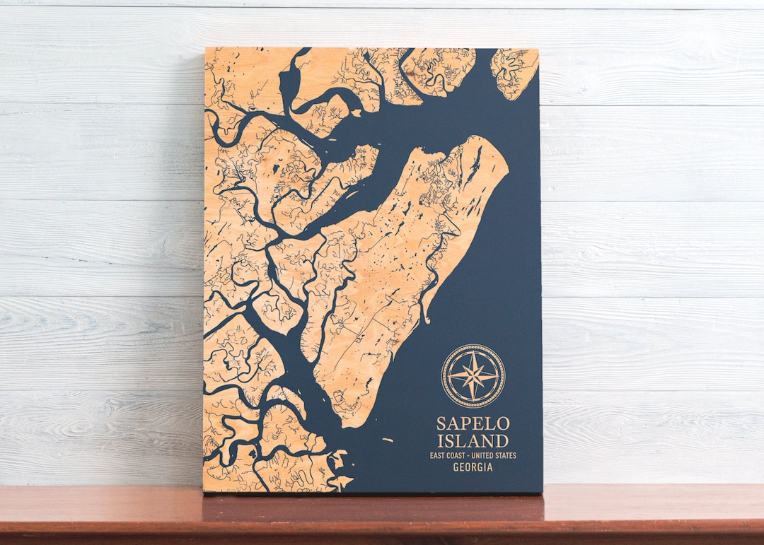 Sapelo Island, Georgia Map Engraved Wood Coastal Wall Art Sign, Beach ...