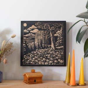 Wyoming Devil's Tower Engraved Birch Wood Panel | Linocut Block Print ...