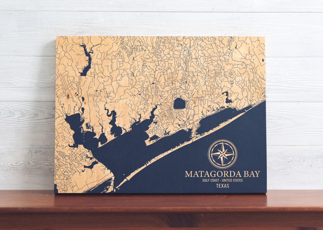 Matagorda Bay, Texas Map Engraved Wood Coastal Chart Wall Art Sign ...