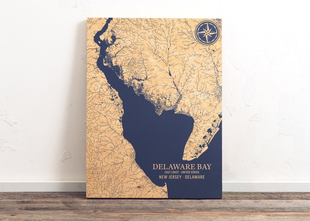 Delaware Bay, New Jersey Map Engraved Wood Coastal Chart Wall Art Sign ...