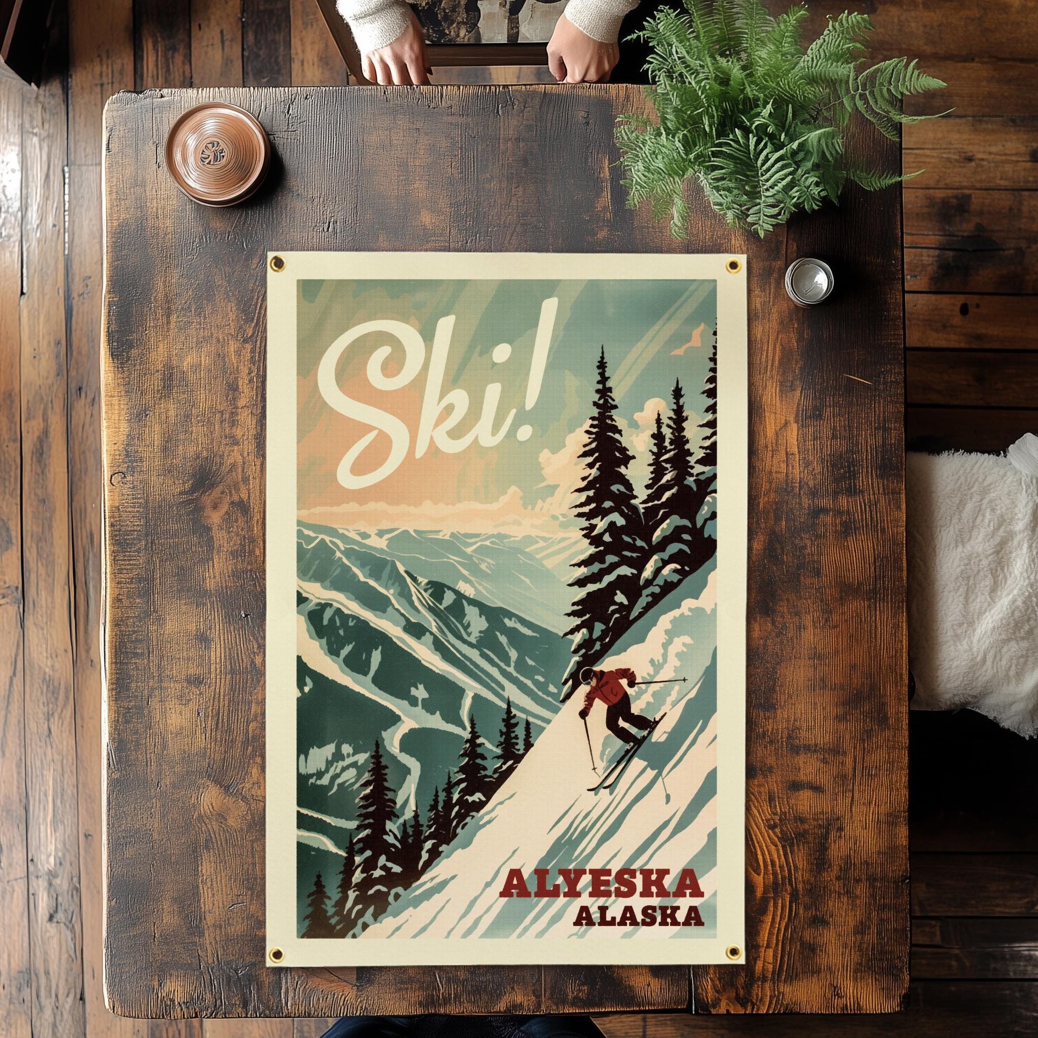 Ski Alyeska Alaska Felt Poster Banner | Teal Vintage Ski Poster. Gift ...