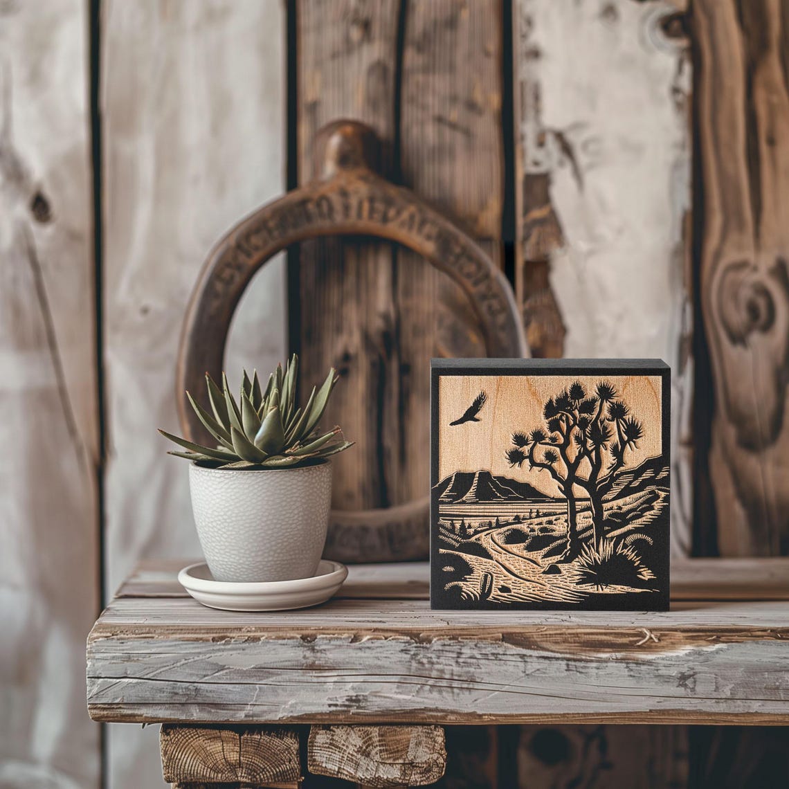 Joshua Tree Scene Engraved Birch Wood Panel | Block Print Style Nature ...