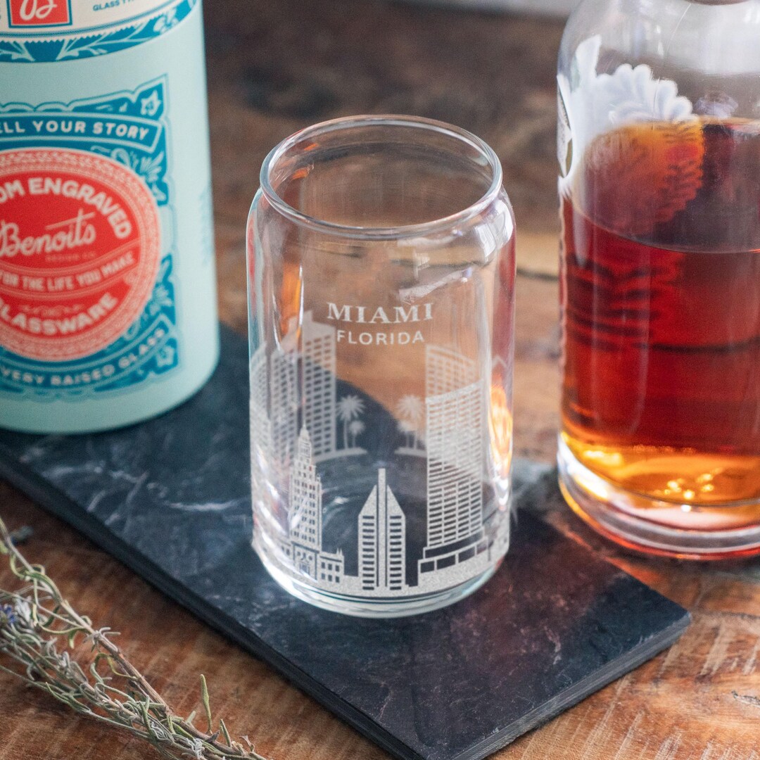 Miami, Florida City Skyline Beer Can Engraved Glass | Hometown Pride ...
