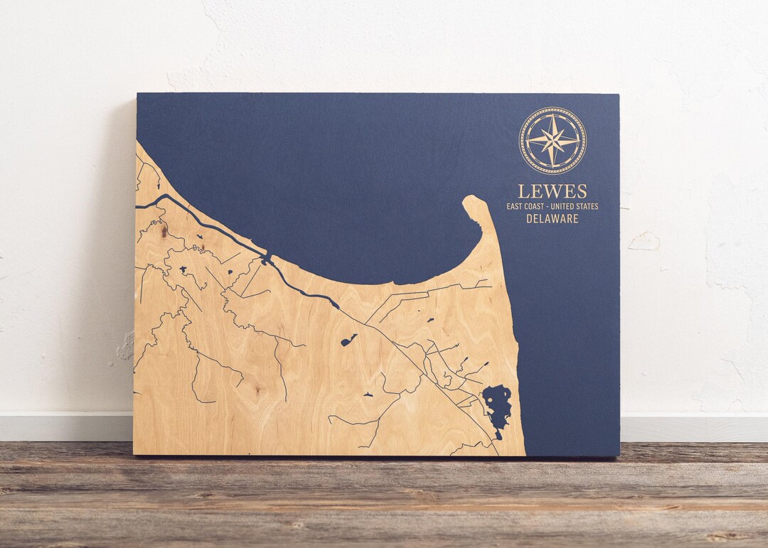 Lewes, Delaware Map | Engraved Wood Coastal Art Sign, Beach House Home ...