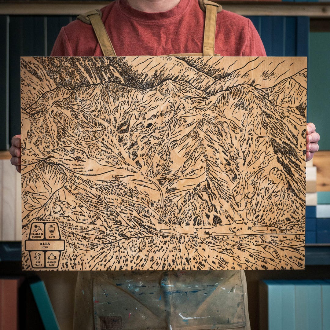 Alta Utah Ski Trail Map | Engraved Wood Wall Art, Winter Sport Cabin ...