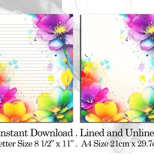 Colorful Floral Printable Stationery. Instant Download. 3 Watercolor ...