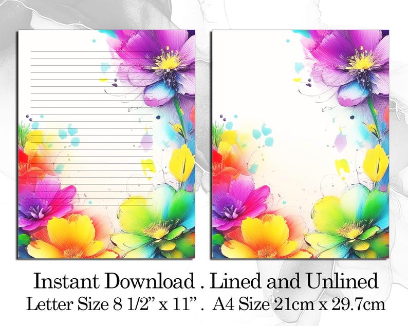 Colorful Floral Printable Stationery. Instant Download. 3 Watercolor ...