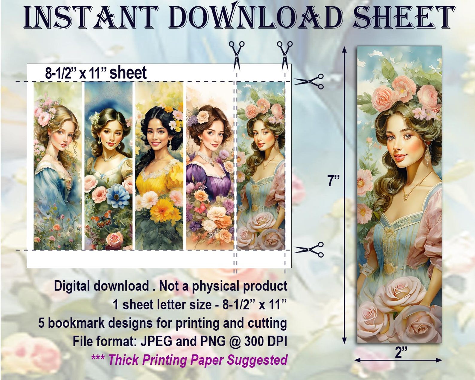 Victorian Ladies Bookmarks: Floral Printable Bookmark Set (digital ...