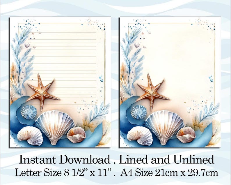 Watercolor Ocean Printable Stationery. Digital Download (letter and A4 ...