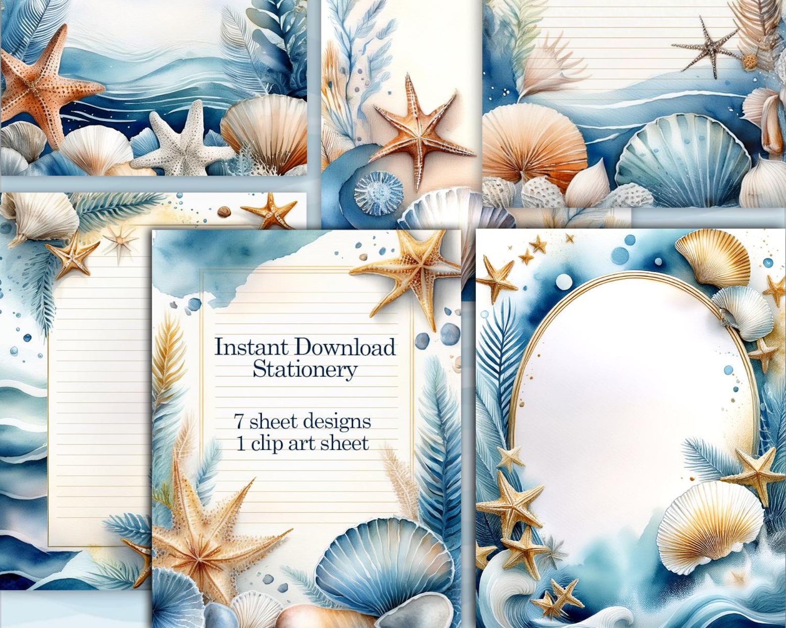Watercolor Ocean Printable Stationery. Digital Download (letter and A4 ...