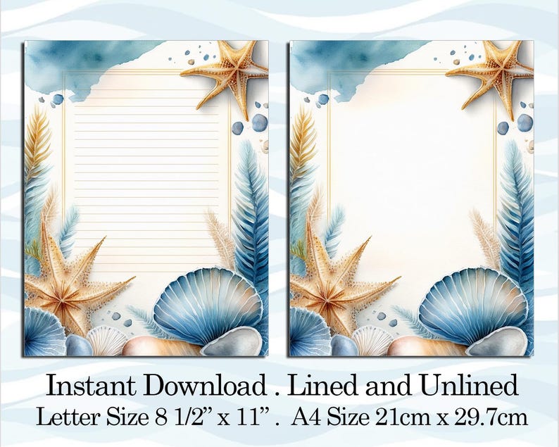 Watercolor Ocean Printable Stationery. Digital Download (letter and A4 ...
