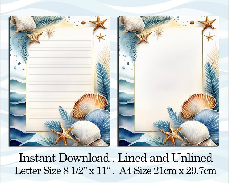 Watercolor Ocean Printable Stationery. Digital Download (letter and A4 ...