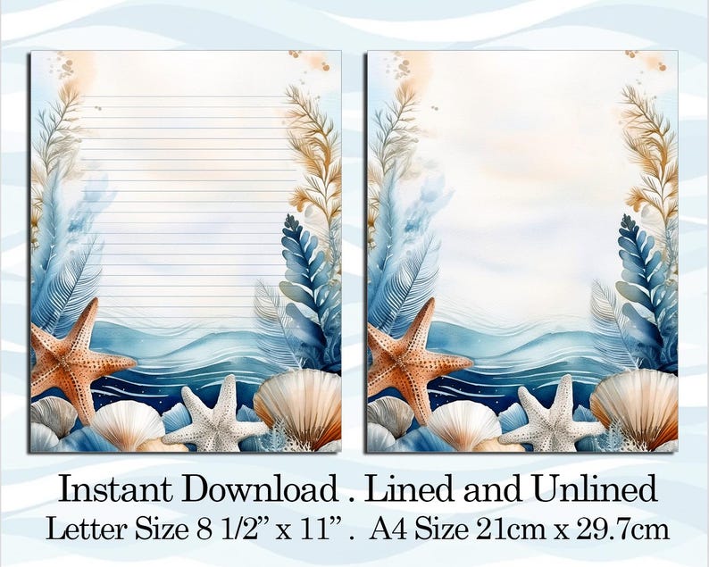 Watercolor Ocean Printable Stationery. Digital Download (letter and A4 ...