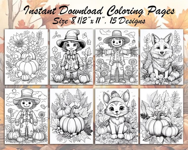 Printable Fall Themed Coloring Pages. Digital Download. 15 Autumn ...