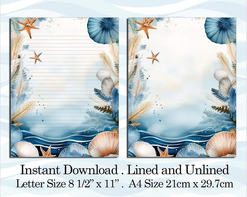 Watercolor Ocean Printable Stationery. Digital Download (letter and A4 ...