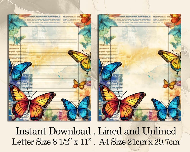 Butterfly Vintage Newsprint Printable Stationery: Digital Download ...