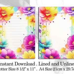 Colorful Floral Printable Stationery. Instant Download. 3 Watercolor ...